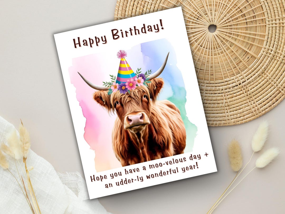 Highland Cow Birthday Card Happy Birthday Cow Pun Card Scottish Cattle ...