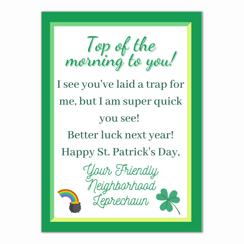 Printable Leprechaun Notes Leprechaun Trap Note From Your Friendly ...