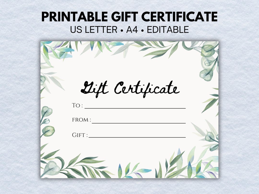 Printable Gift Certificate Custom Gift Certificate Customizable ...
