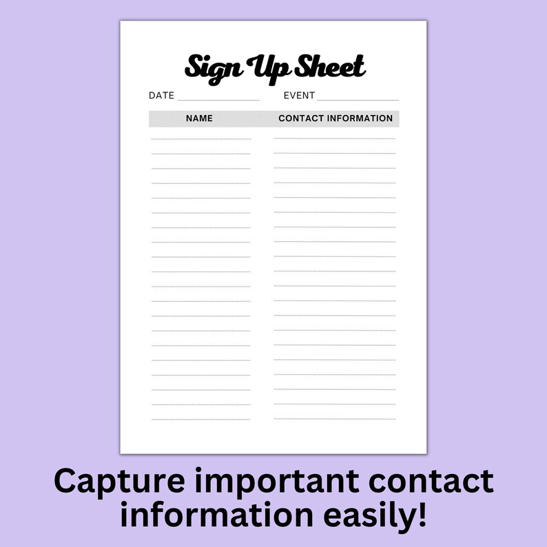 Minimalist Printable Sign up Sheet 4 Styles Included Email Sign up Form ...