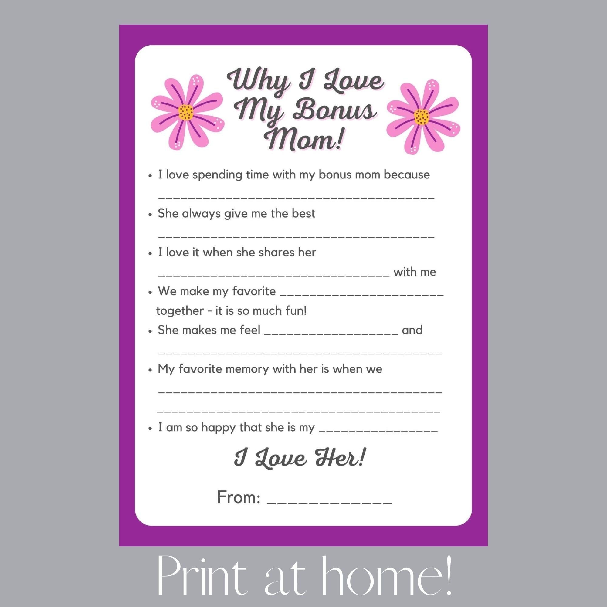 Why I Love My Bonus Mom Fill-in the Blanks Activity for Kids Happy ...
