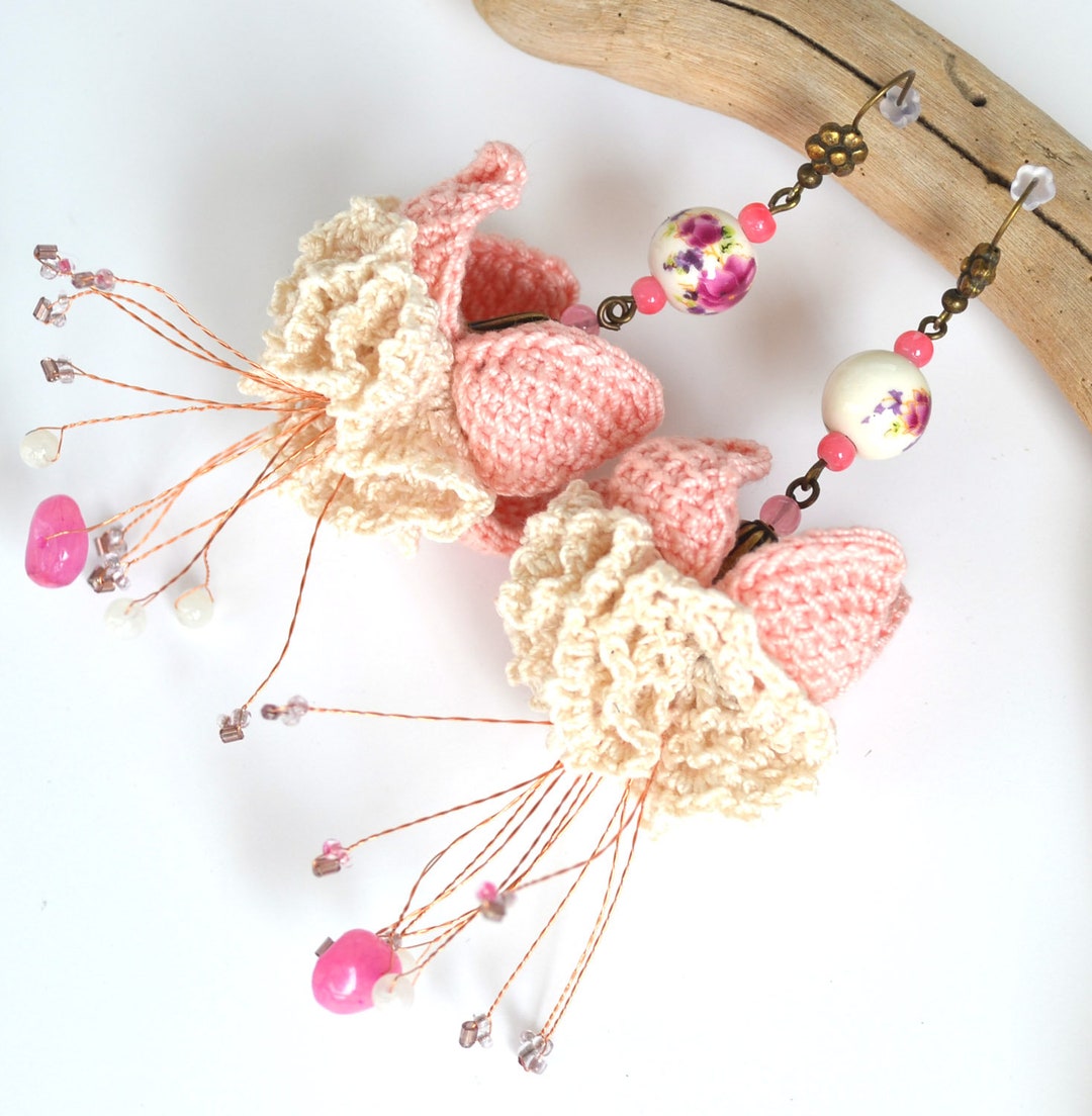 Big Pastel Pink and Beige Crochet Flower Earrings With Delicate Painted ...