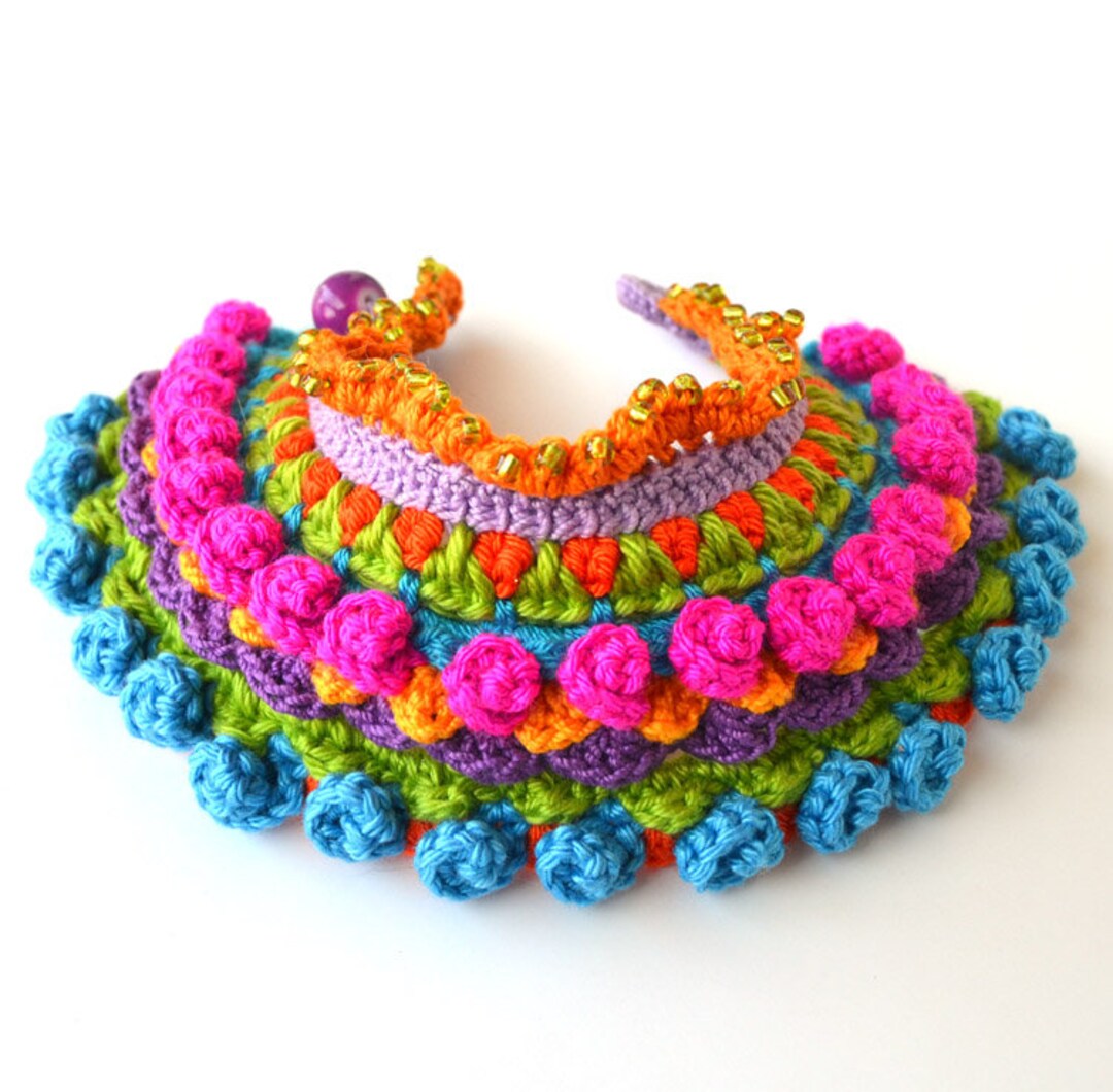 Colorful Big Crochet Wrist Cuff of Mexican Inspiration, Chunky Ethnic ...