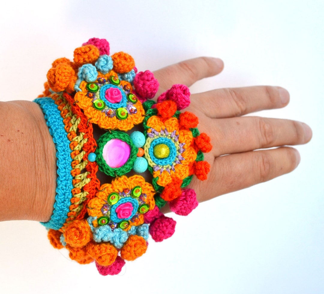 Vibrant Ethnic Fiesta Chunky Crochet Bracelet, Colorful Maximalist ...