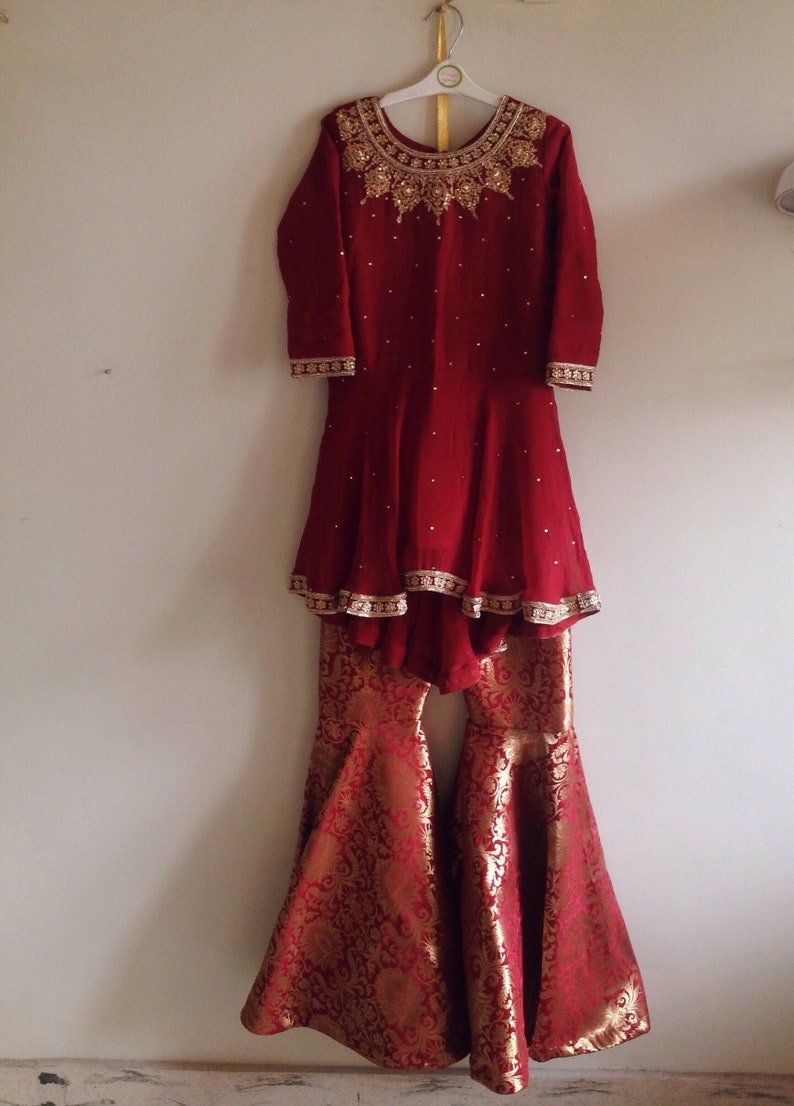 Brocade Sharara Pants and Hand Embroidered Chiffon Peplum Top - Etsy