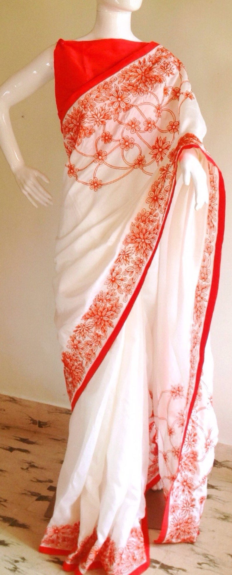 Buy Half White Semi Raw Silk Saree With Hand Embroidered Floral Online ...