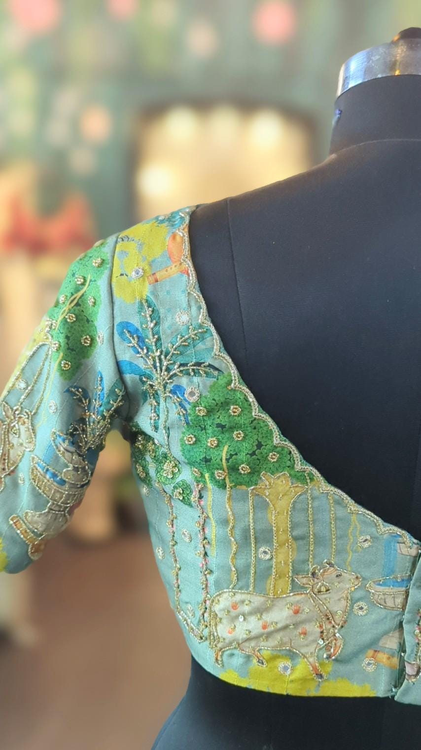 Pichwai Print Tussar Silk Blouse: Hand Embroidered Mirror Work - Etsy