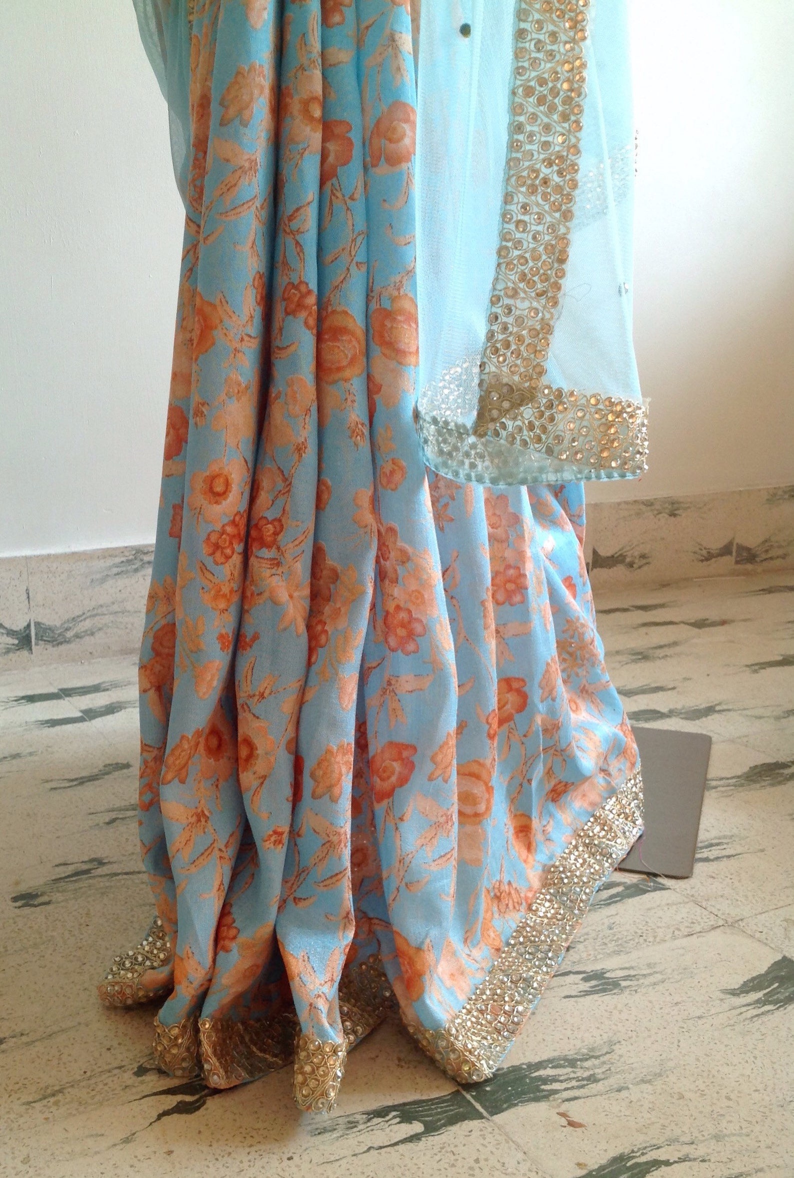 Soft Blue Net Saree With Stone Work and Gold Sequin Blouse - Etsy India