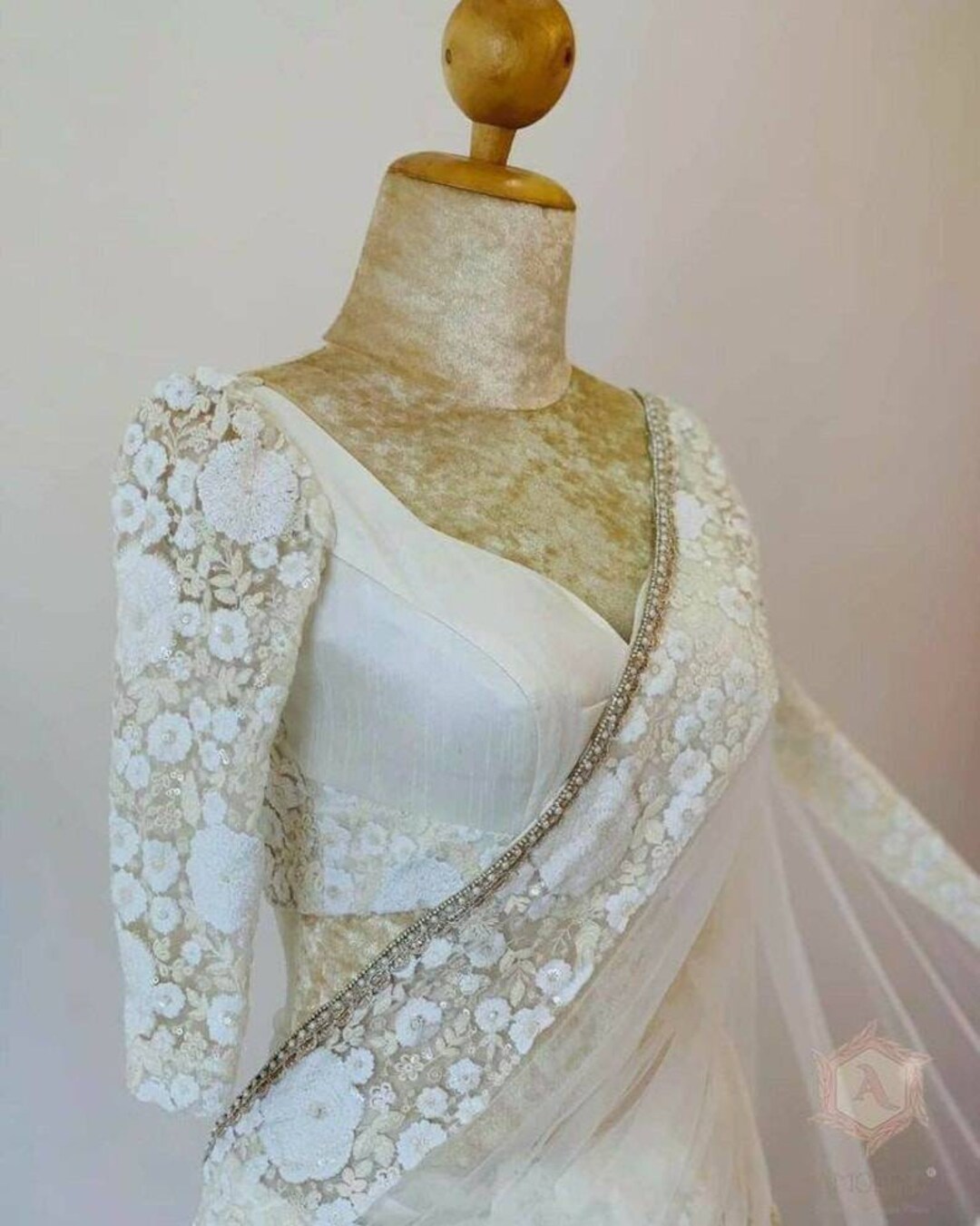 Ivory Soft Net Saree With Linen and Thread Work Blouse Made to Your ...
