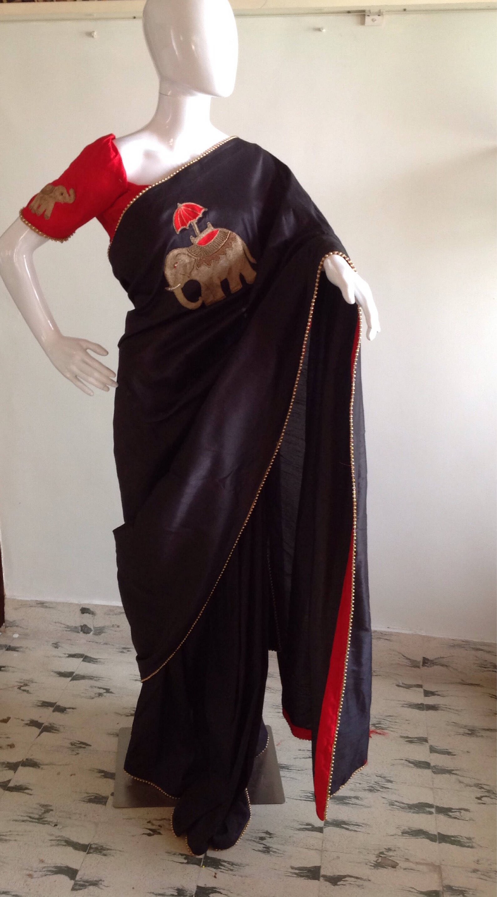 Black semi silk saree with elephant embroidery and unstitched | Etsy
