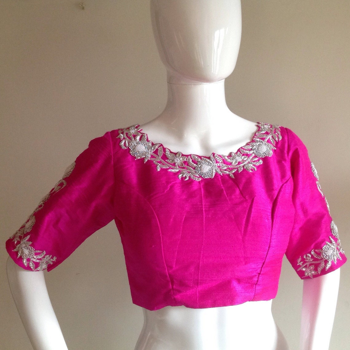 Hot Pink Pure Raw Silk Blouse With Silver Zardosi Embroidery - Etsy