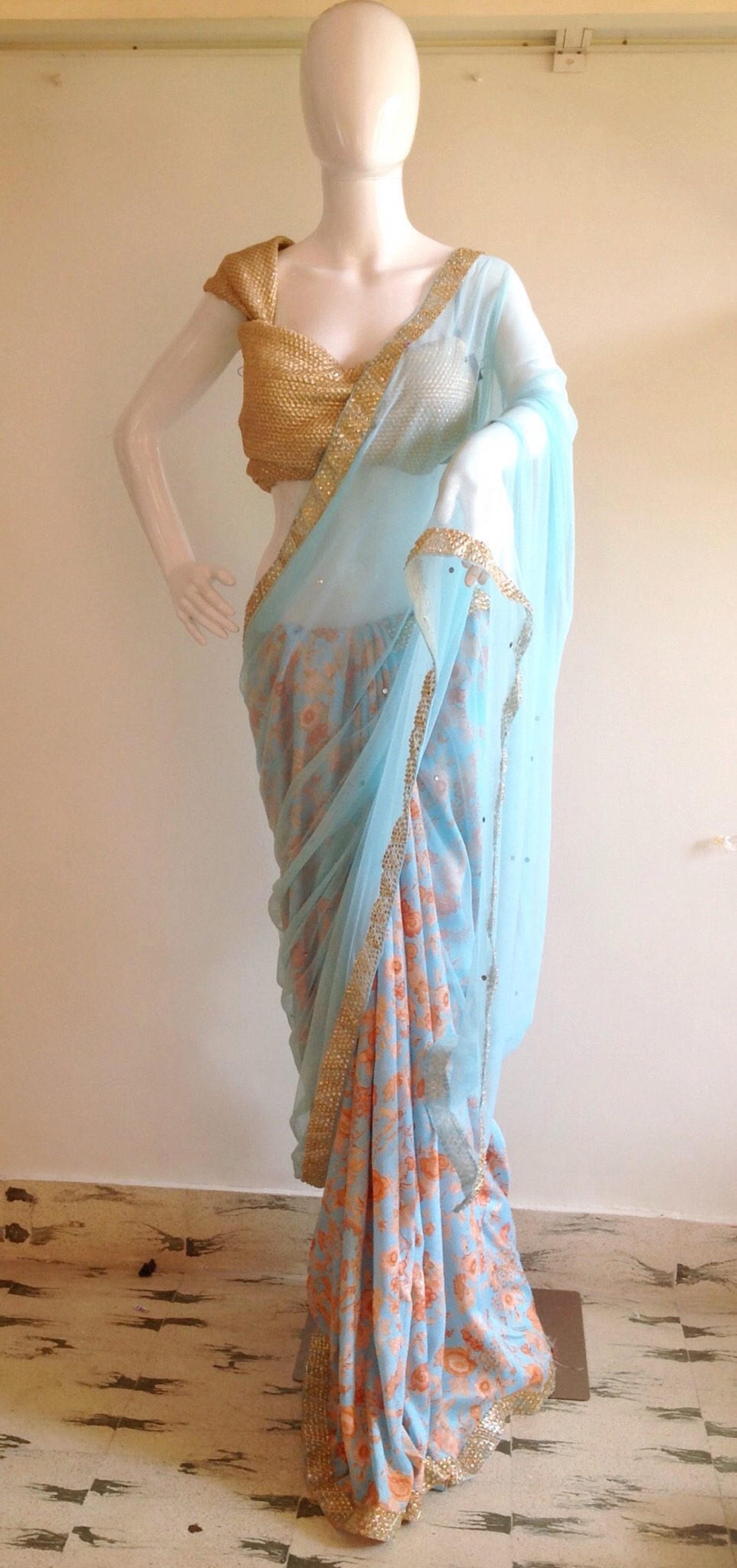 Soft Blue Net Saree With Stone Work and Gold Sequin Blouse - Etsy India