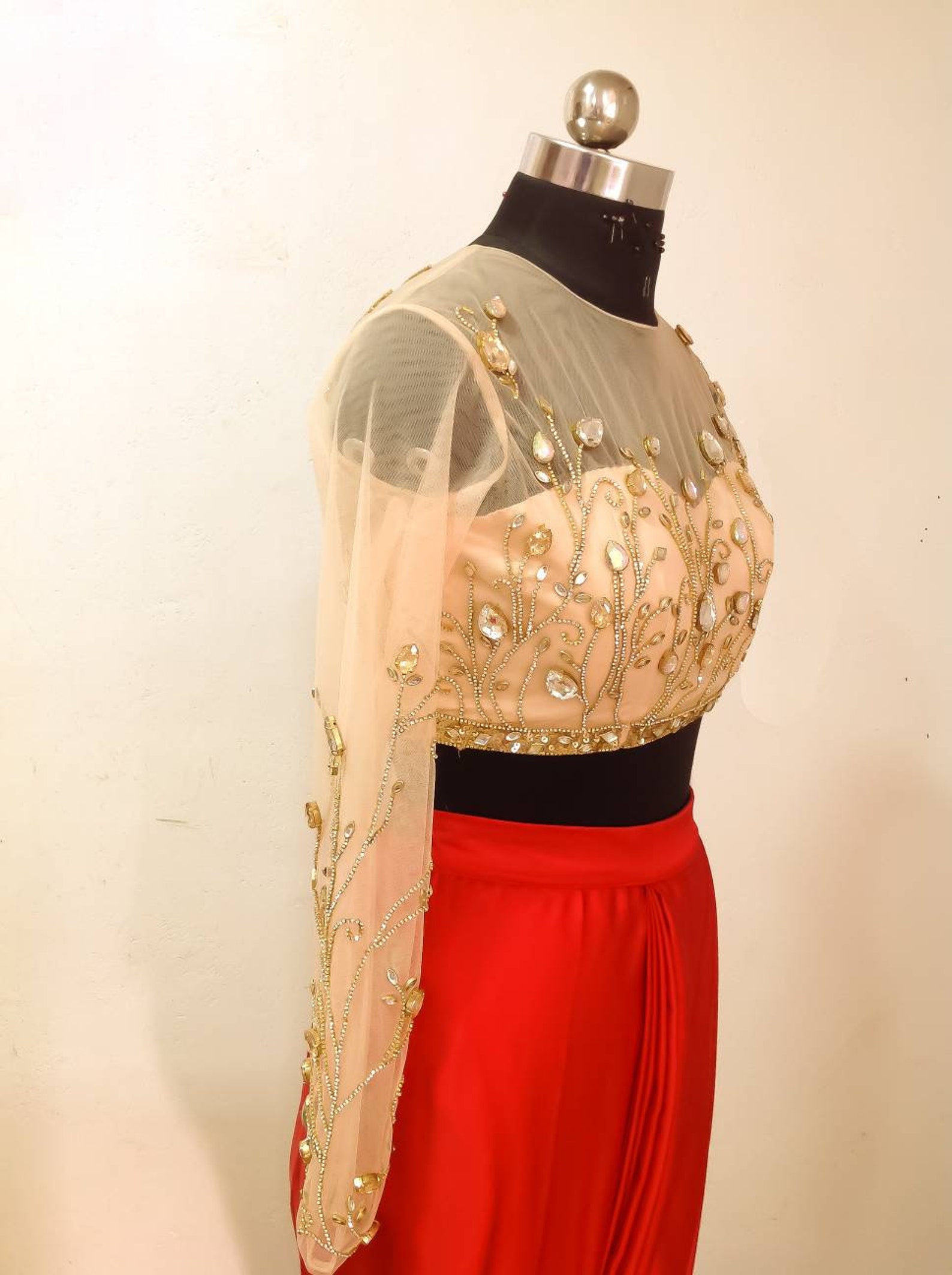 Red Ready Made Satin Saree With Pleated Border and Stone - Etsy