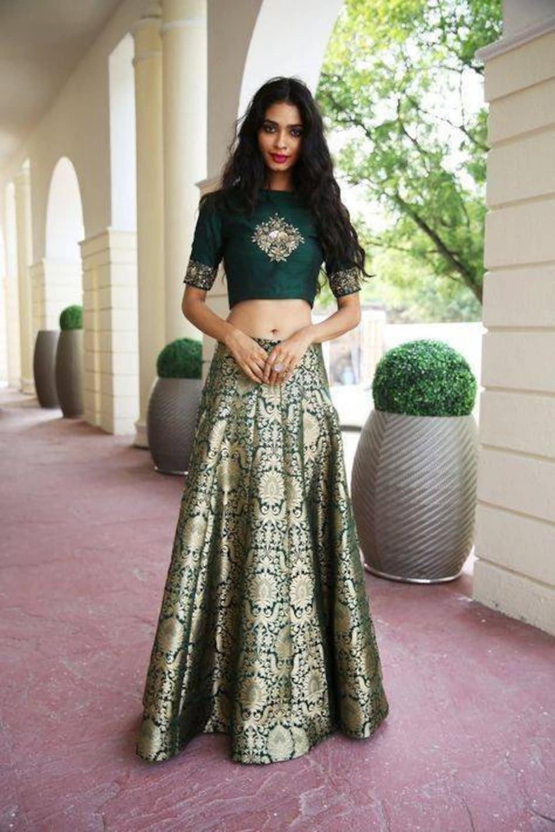 Hand Embroidered Raw Silk Crop Top Brocade Kalidar Lehenga - Etsy