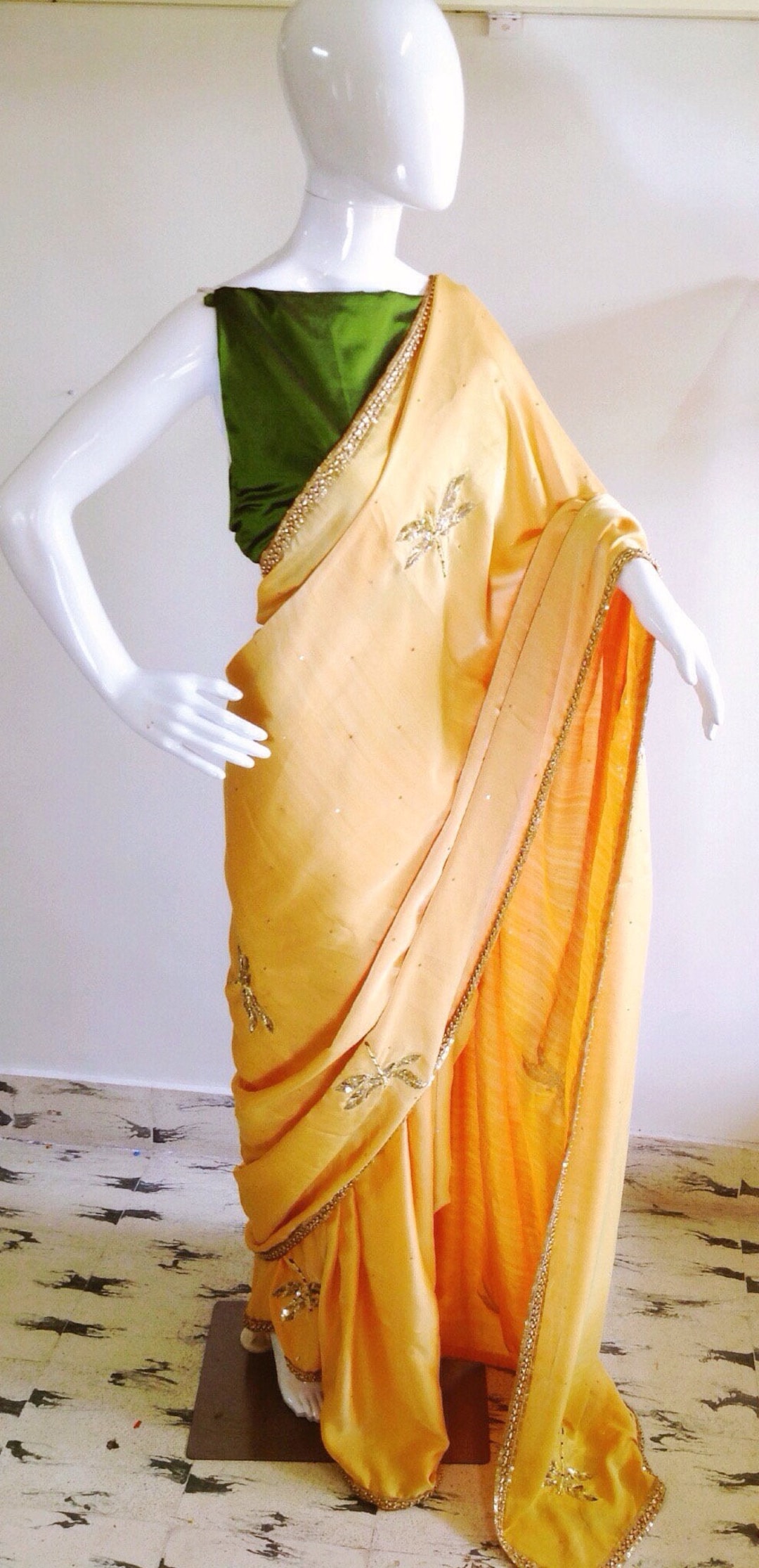 Sunny Yellow Semi Silk Saree With Sequin and Bead Hand Embroidered ...