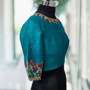 Teal Blue Rawsilk Blouse With Multicolor Silk Thread and Gold Bead ...