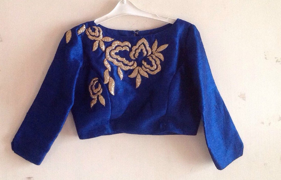 Royal Blue Hand Embroidered Raw Silk Blouse | Etsy