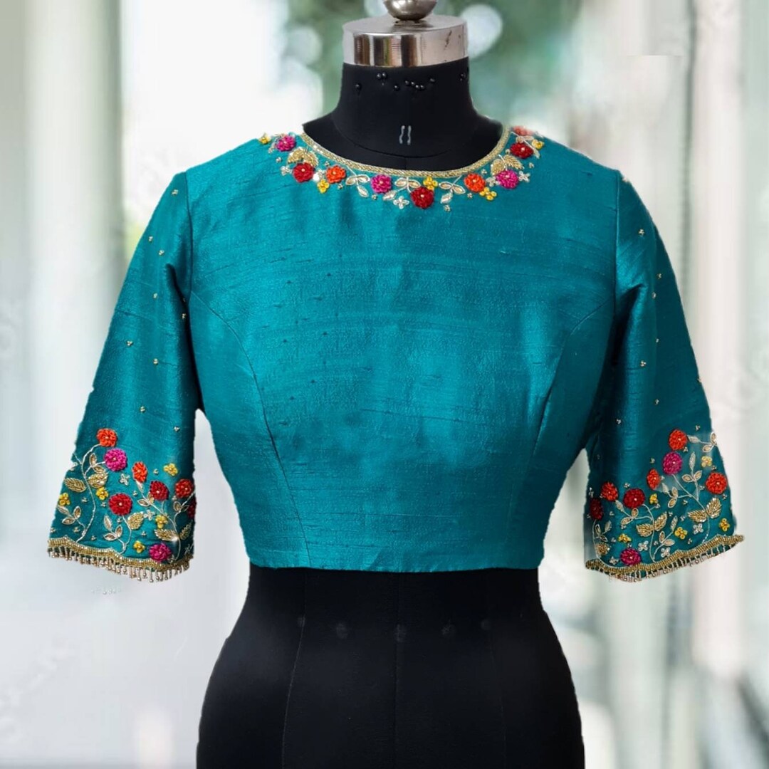 Teal Blue Rawsilk Blouse With Multicolor Silk Thread and Gold Bead ...