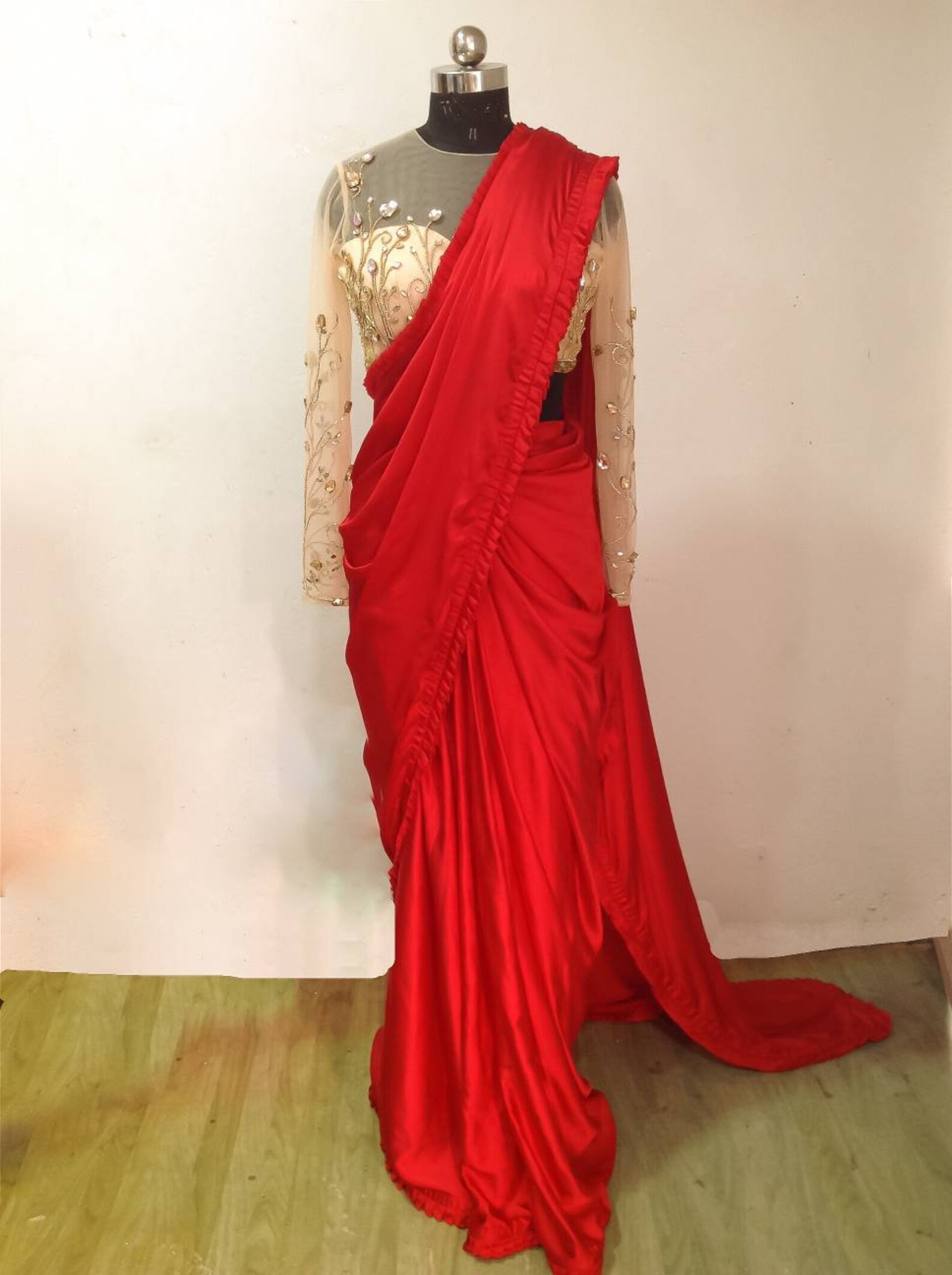 Red Ready Made Satin Saree With Pleated Border and Stone - Etsy