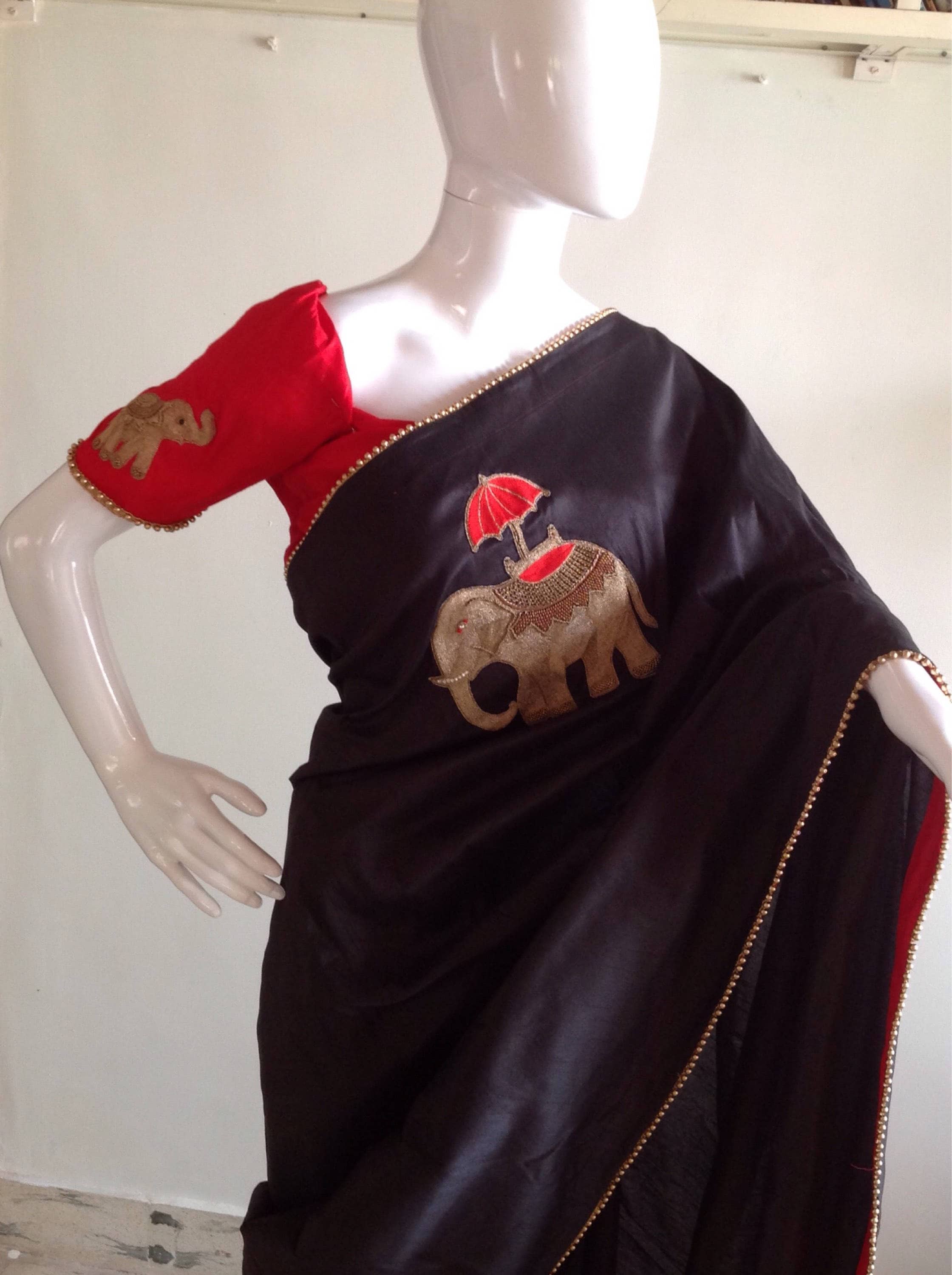 Black semi silk saree with elephant embroidery and unstitched | Etsy
