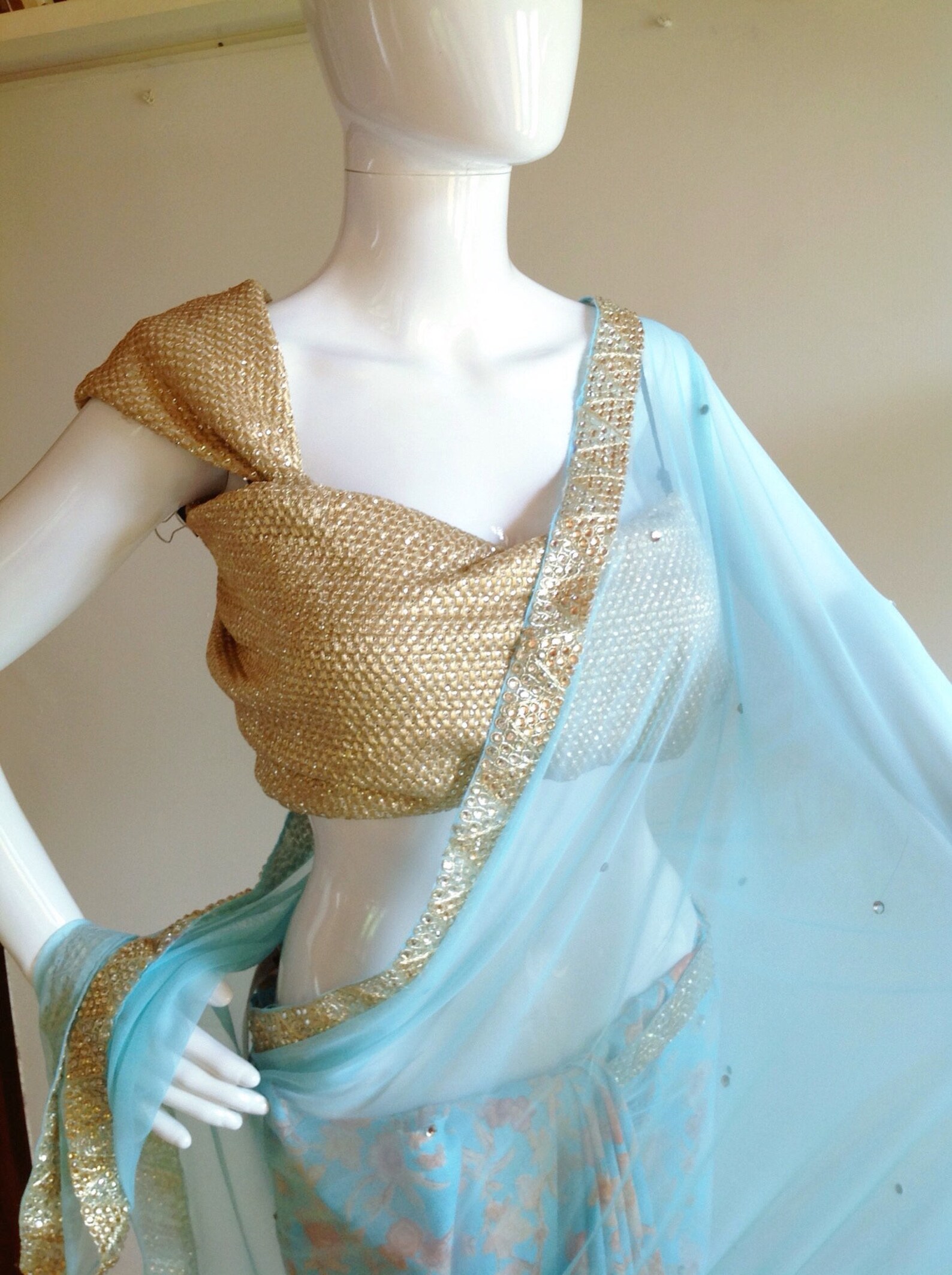 Soft Blue Net Saree With Stone Work and Gold Sequin Blouse - Etsy India