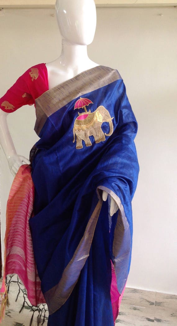Royal Blue Semi Silk Saree With Elephant Embroidery and - Etsy