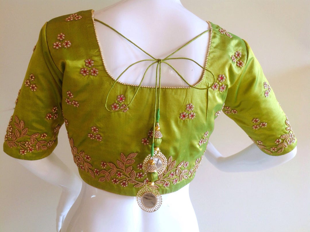 Mehendi Green Silk Blouse: Maggam Work, Custom Colors - Etsy