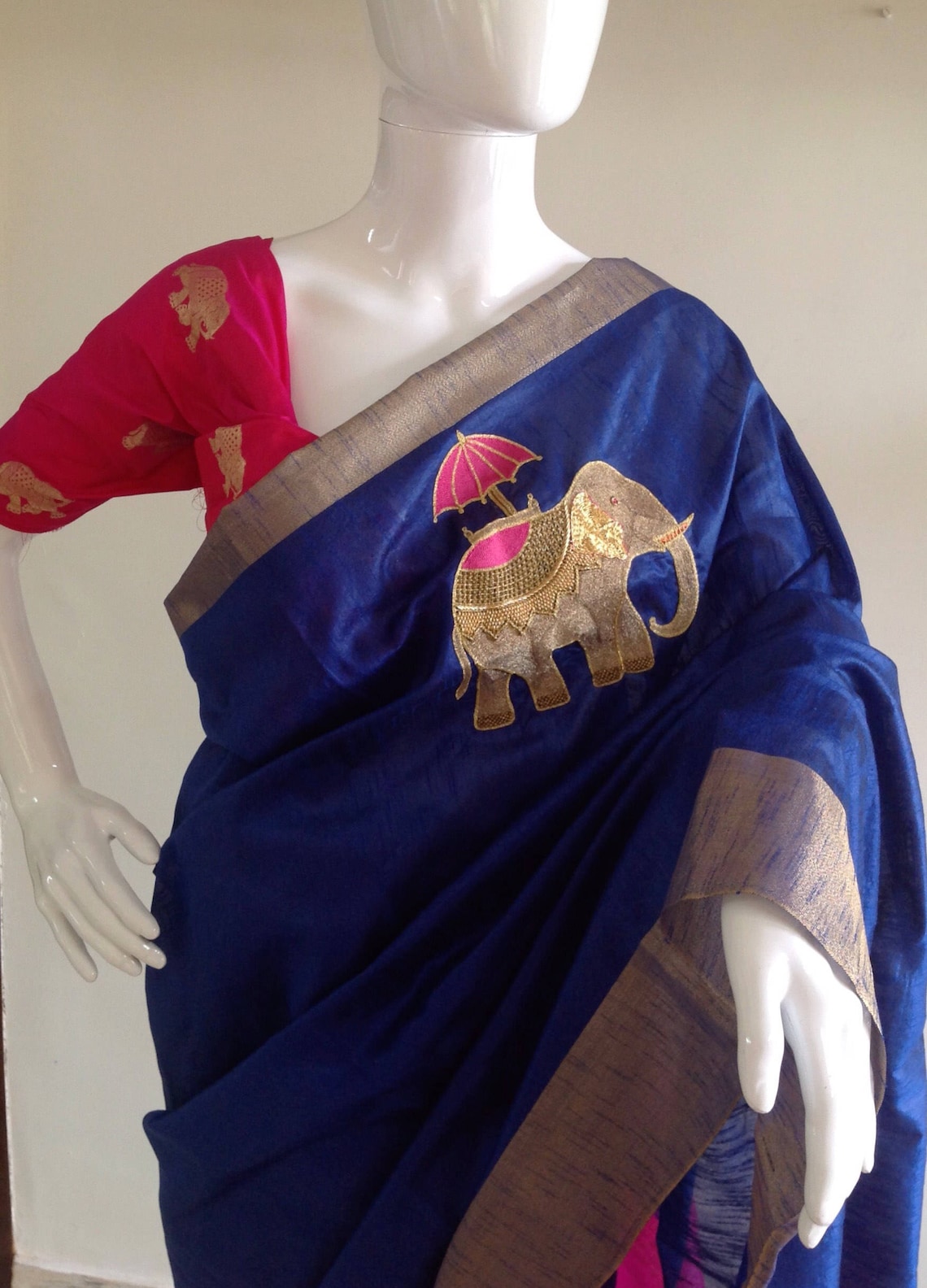 Buy Royal Blue Semi Silk Saree With Elephant Embroidery and Online in ...