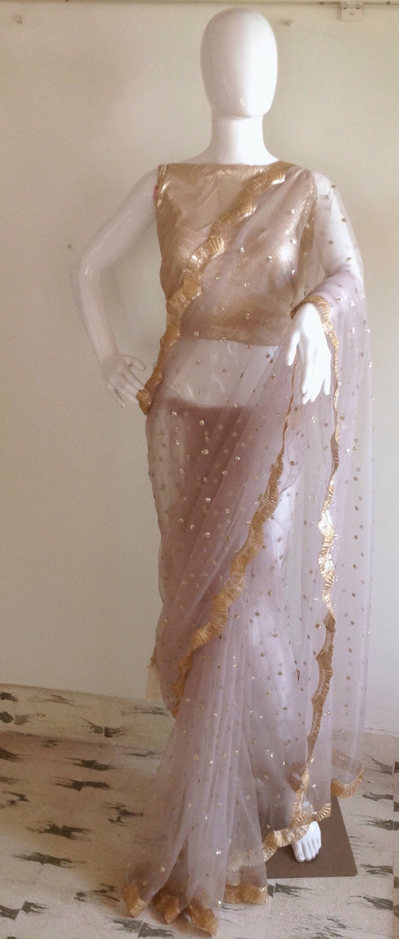 Buy Silver Sequin Embroidery Net Saree With Gold Sequin Unstitched ...