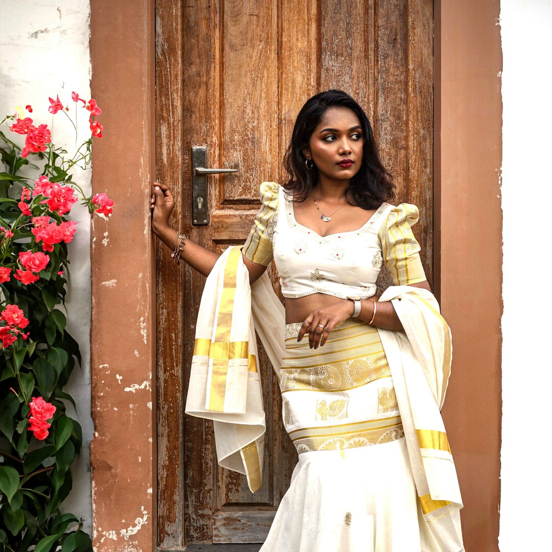 Ivory Cream Kerala Kasavu Mermaid Fish Cut Lehenga Choli in Custom ...