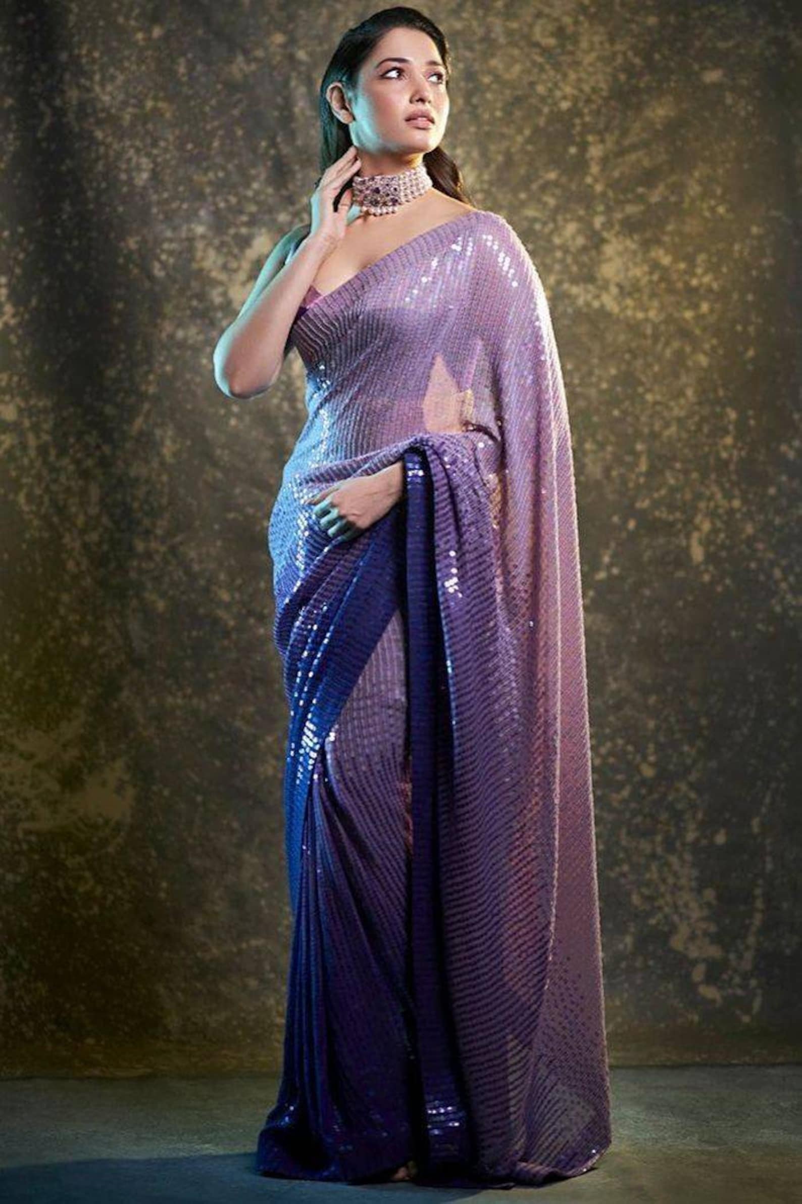 Shaded Purple Dyed Sequin Saree With Silk Blouse - Etsy