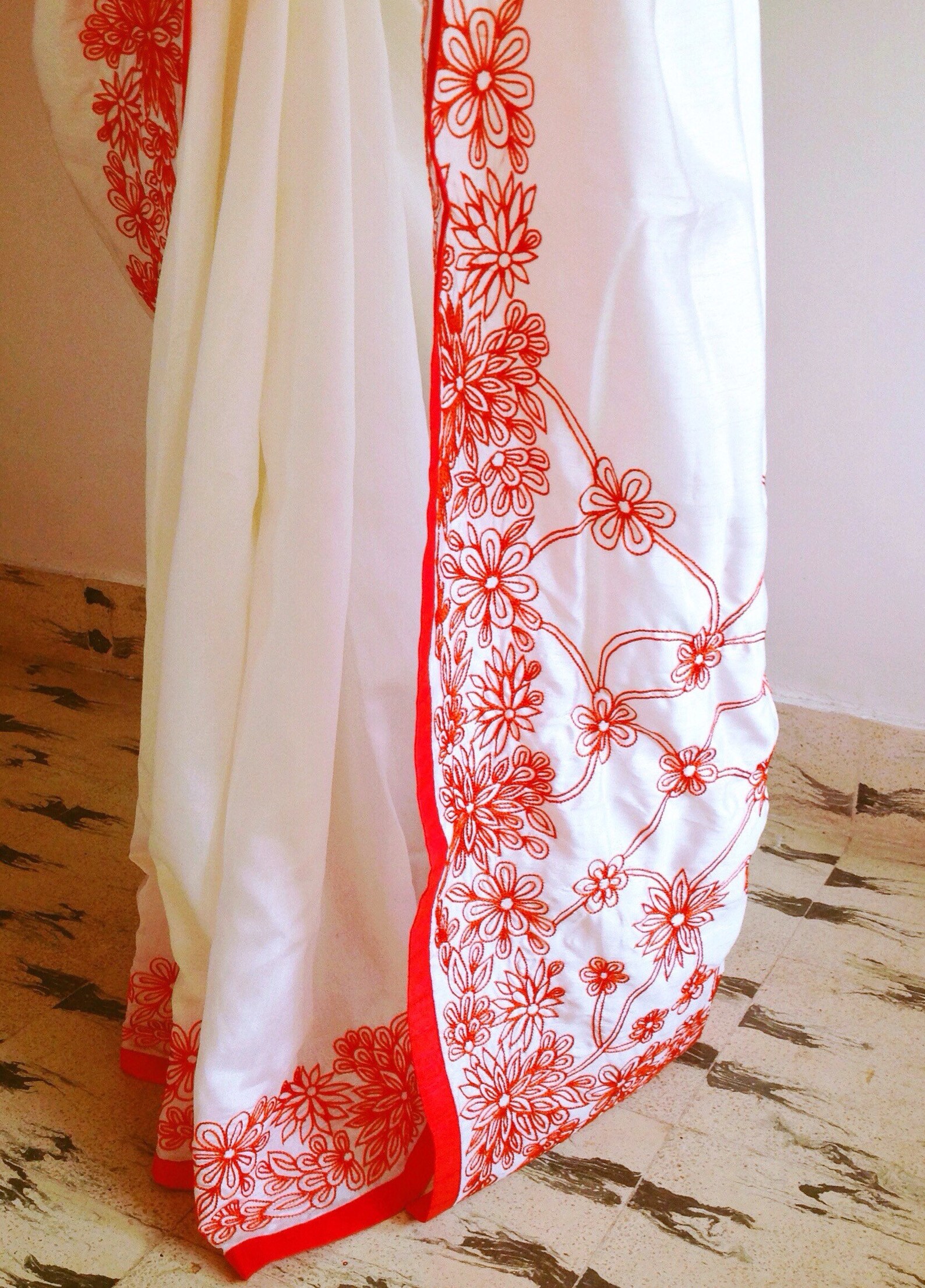 Buy Half White Semi Raw Silk Saree With Hand Embroidered Floral Online ...