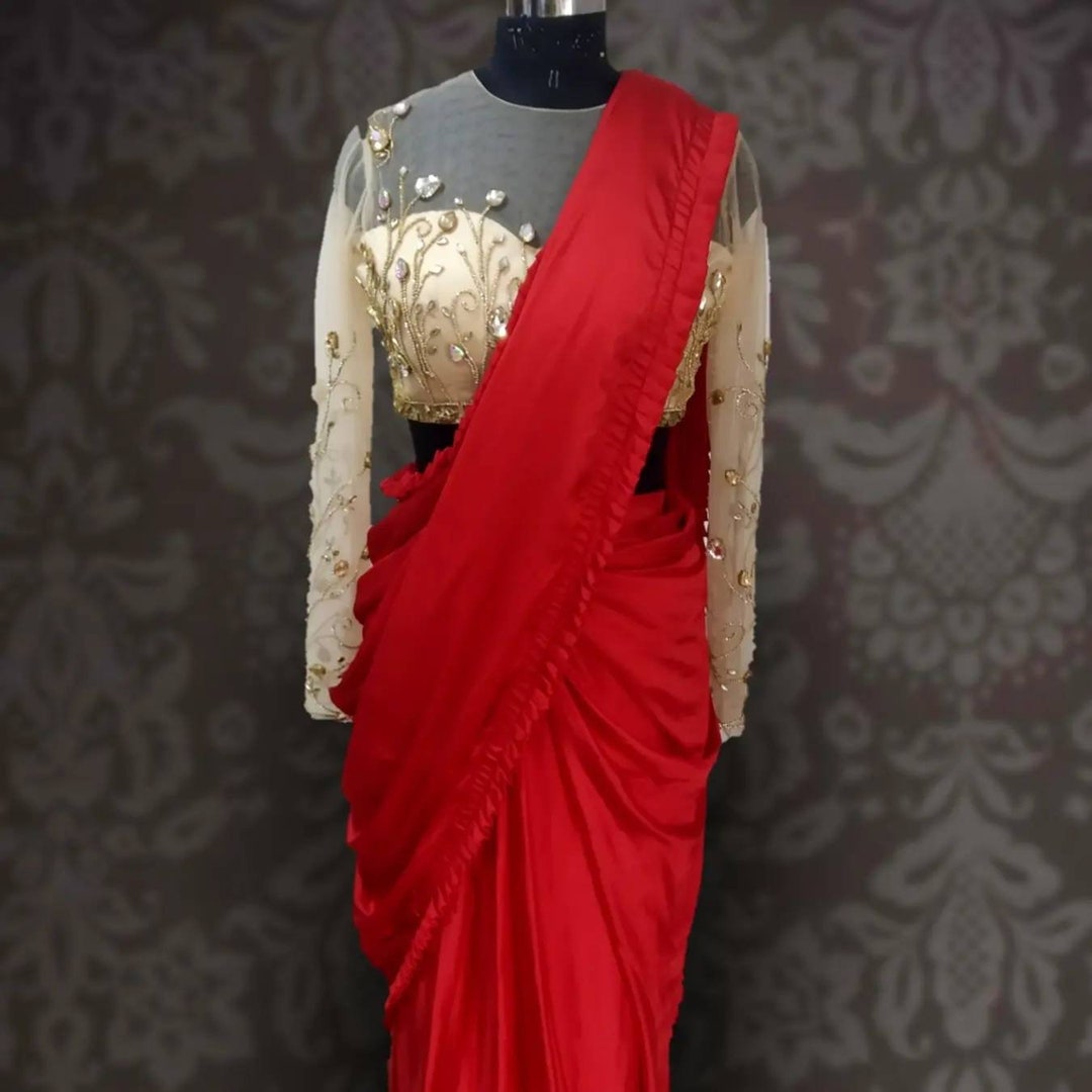 Red Ready Made Satin Saree With Pleated Border and Stone Embroidered ...