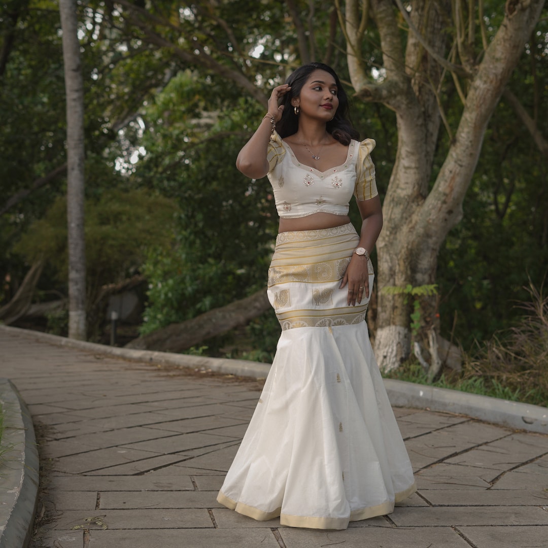 Ivory Cream Kerala Kasavu Mermaid Fish Cut Lehenga Choli in Custom ...