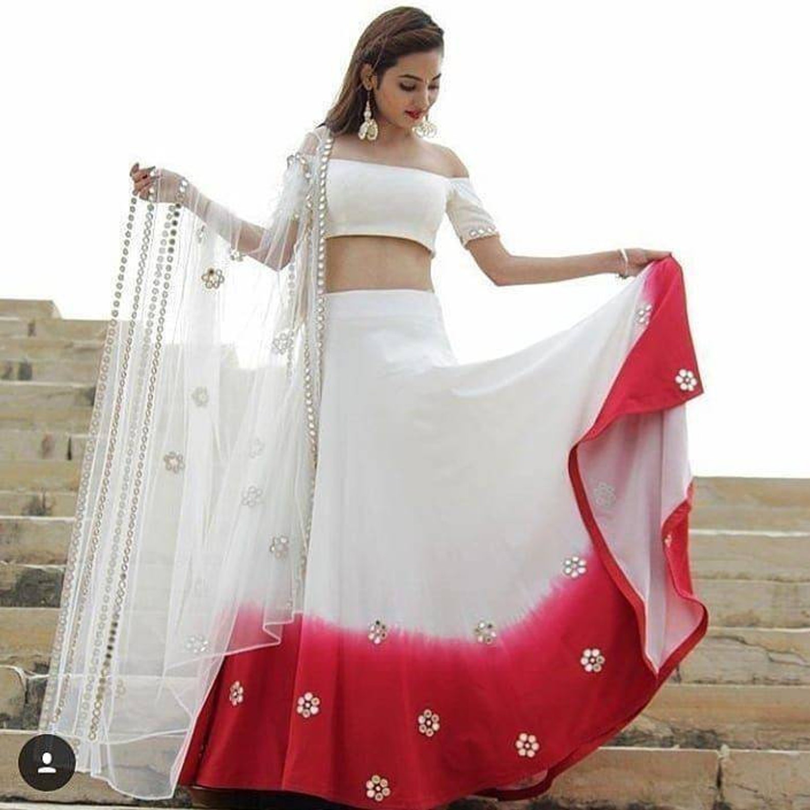 Custom Shibori Red and White Mirror Work Lehenga | Etsy