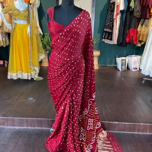 Authentic Hand Done Bandhani on Blood Red Gaji Silk With Zari Border ...