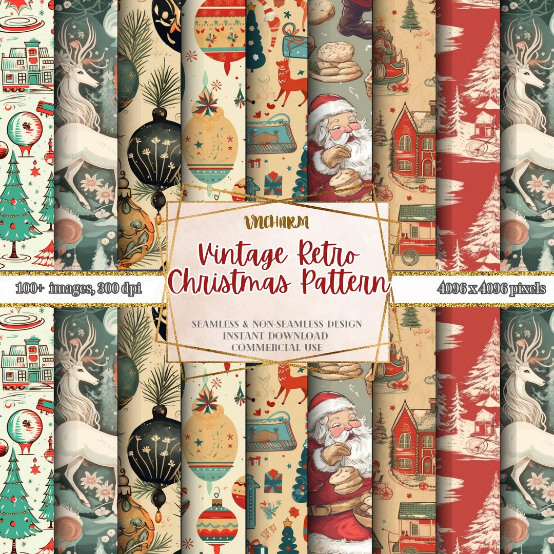 100+ Retro Christmas Pattern Digital Paper | Retro Santa Claus, Retro ...