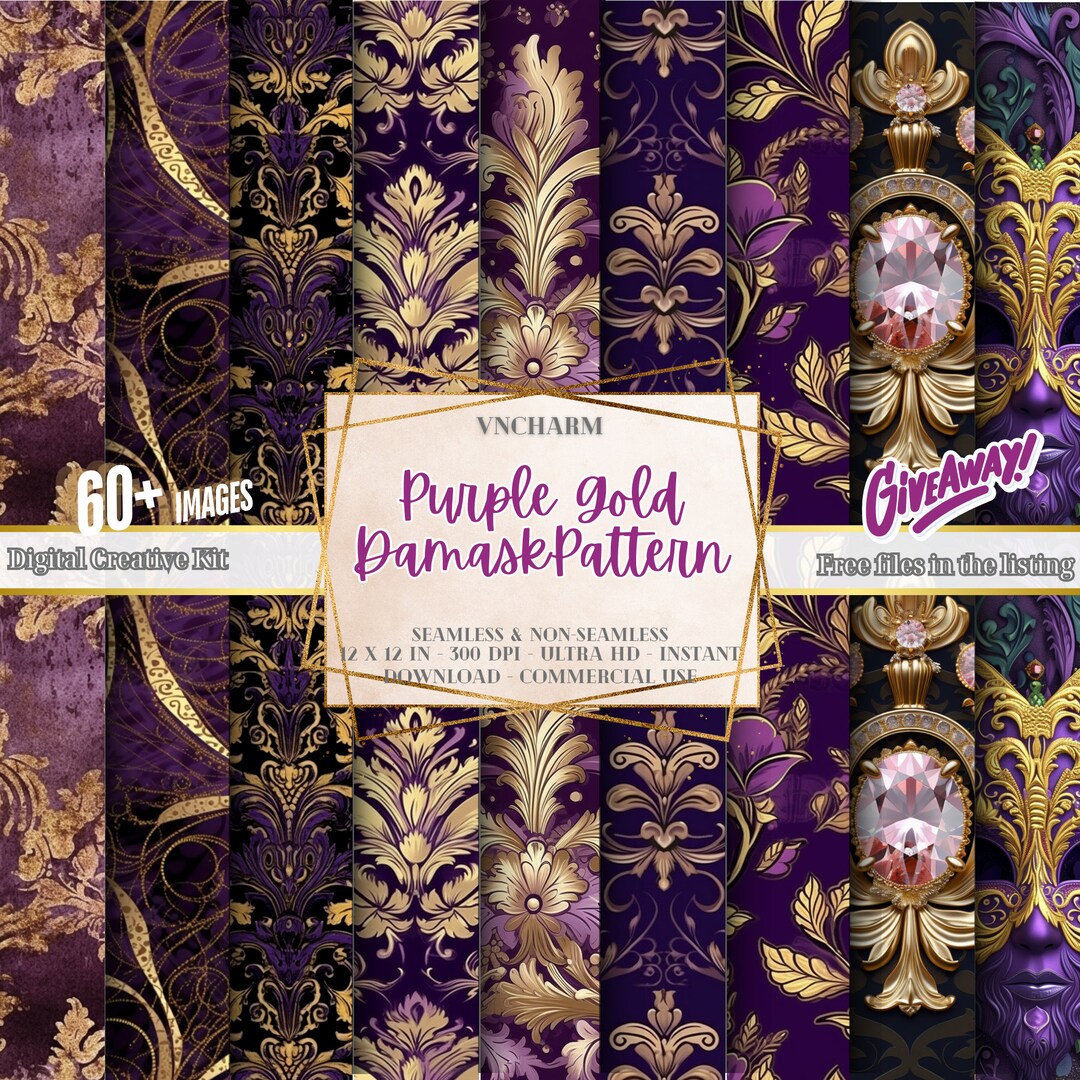 55 Purple Gold Damask, 4K, Ultra HD, 4096 X 4096 Pixels, 12x12 300 Dpi Instant Download, Damask ...