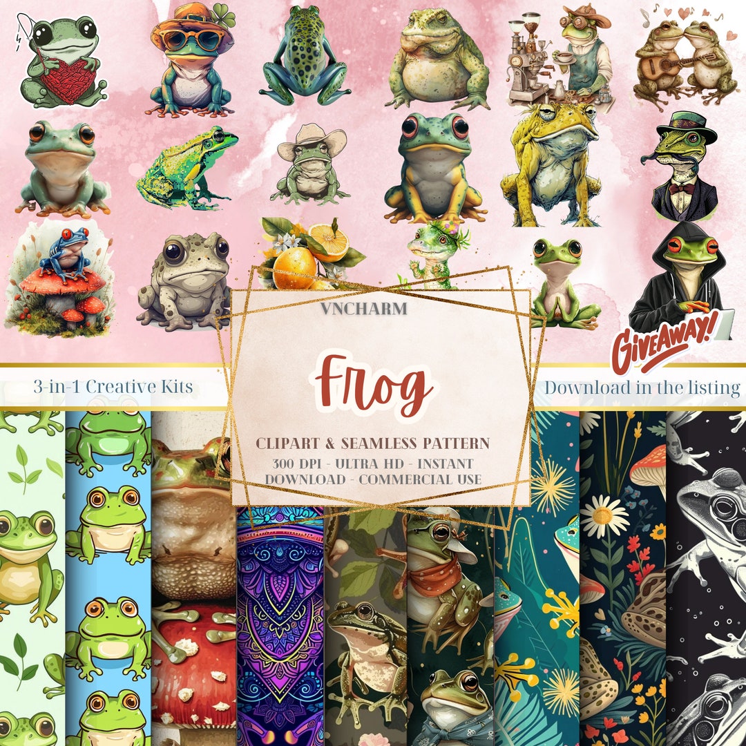 Frog Clipart & Seamless Pattern: 120 Frog Printable Graphics, Repeating ...