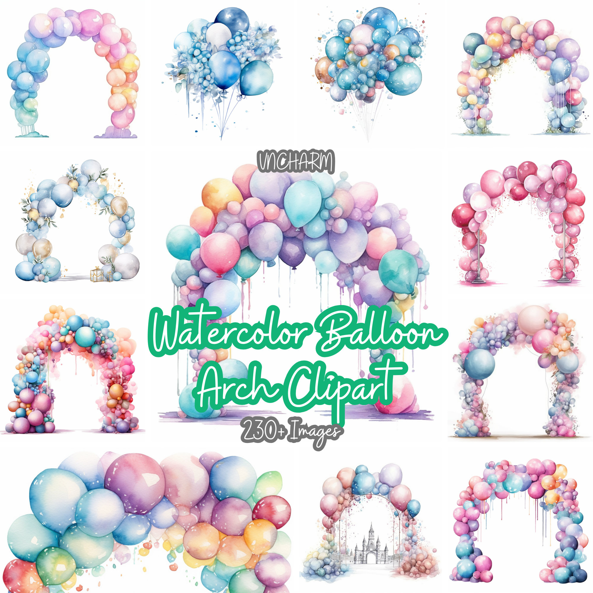 230 Watercolor Balloon Arch Clipart: Etsy Clipart Bundle, High-quality ...