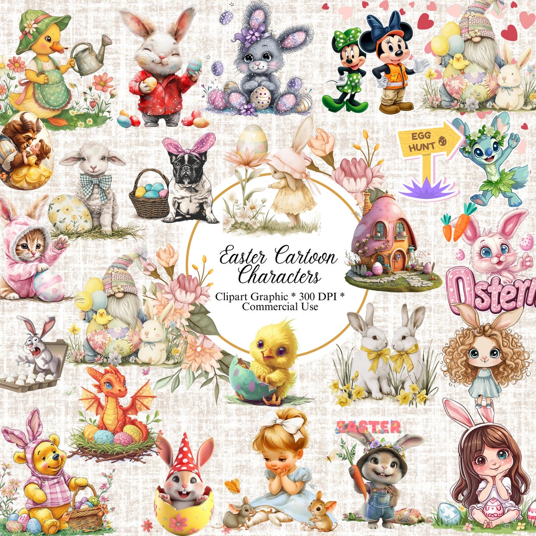 Easter Cartoon Character Clipart Bundle, High-quality PNG, Instant Download, Card Making ...