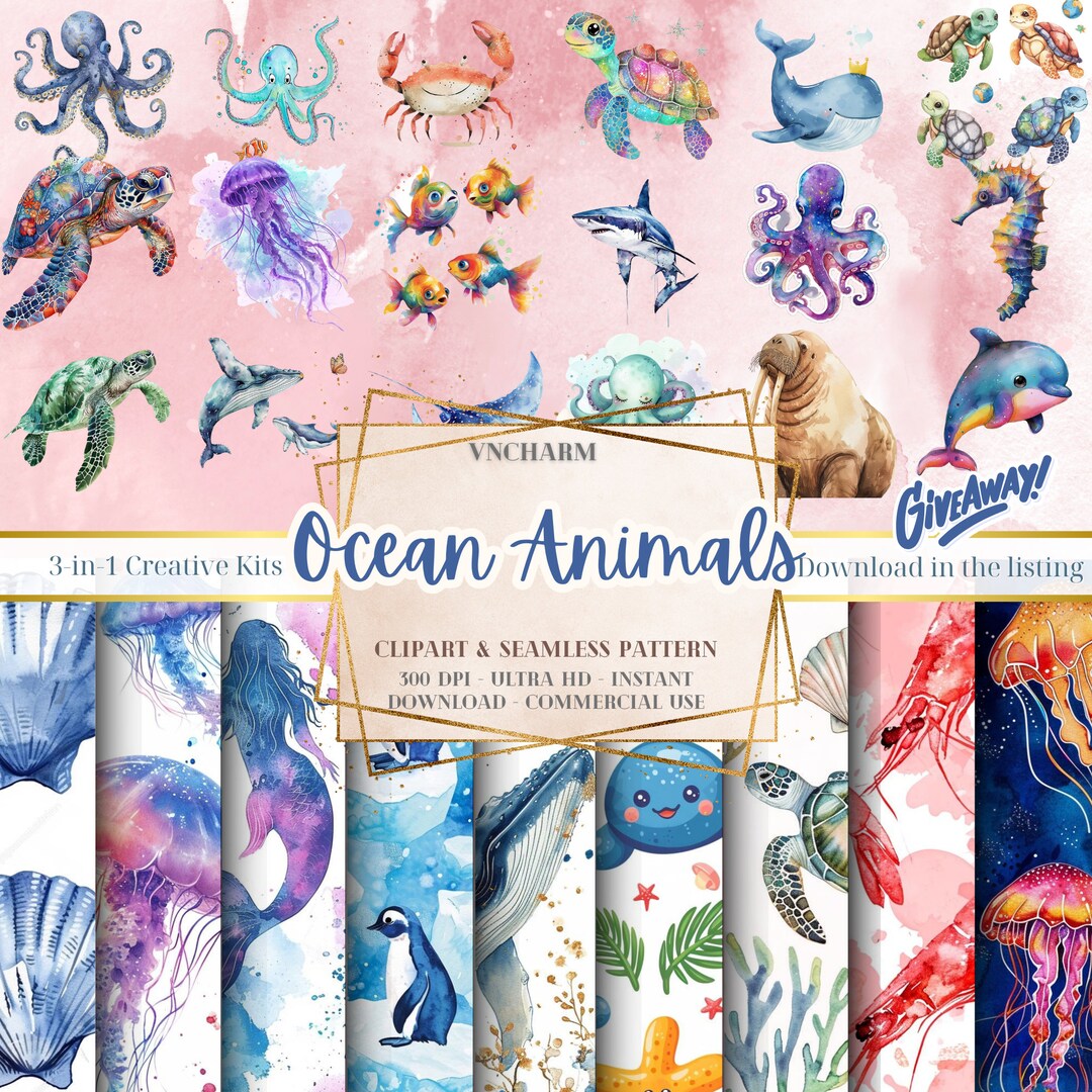 Sea Animal Clipart & Seamless Pattern: 110 Sealife Printable Graphics ...