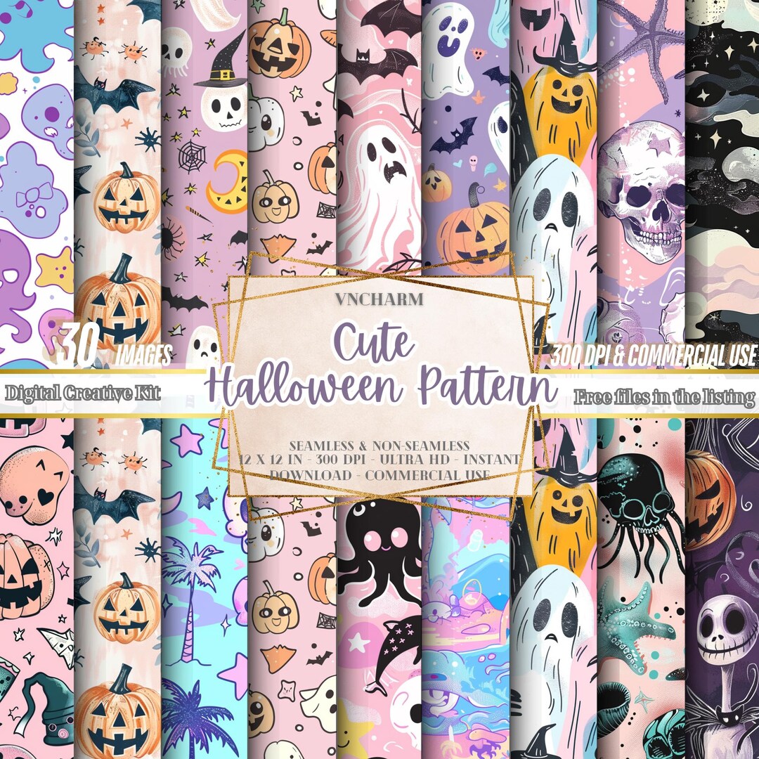 Cute Halloween Seamless Digital Paper Print, Cute Kawaii Halloween ...