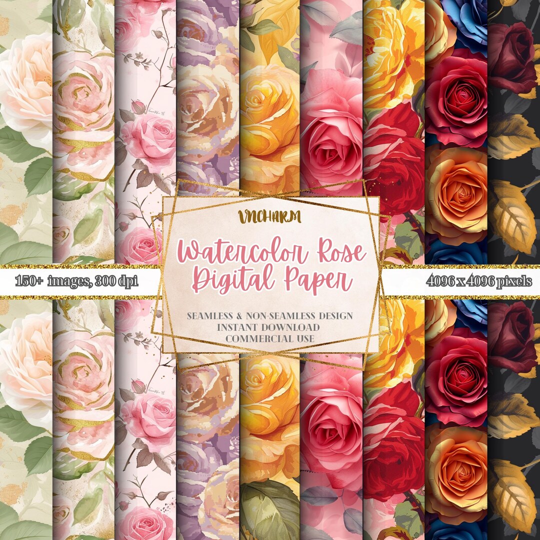 150+ Watercolor Rose Digital Paper, Seamless & Non-seamless Pattern ...
