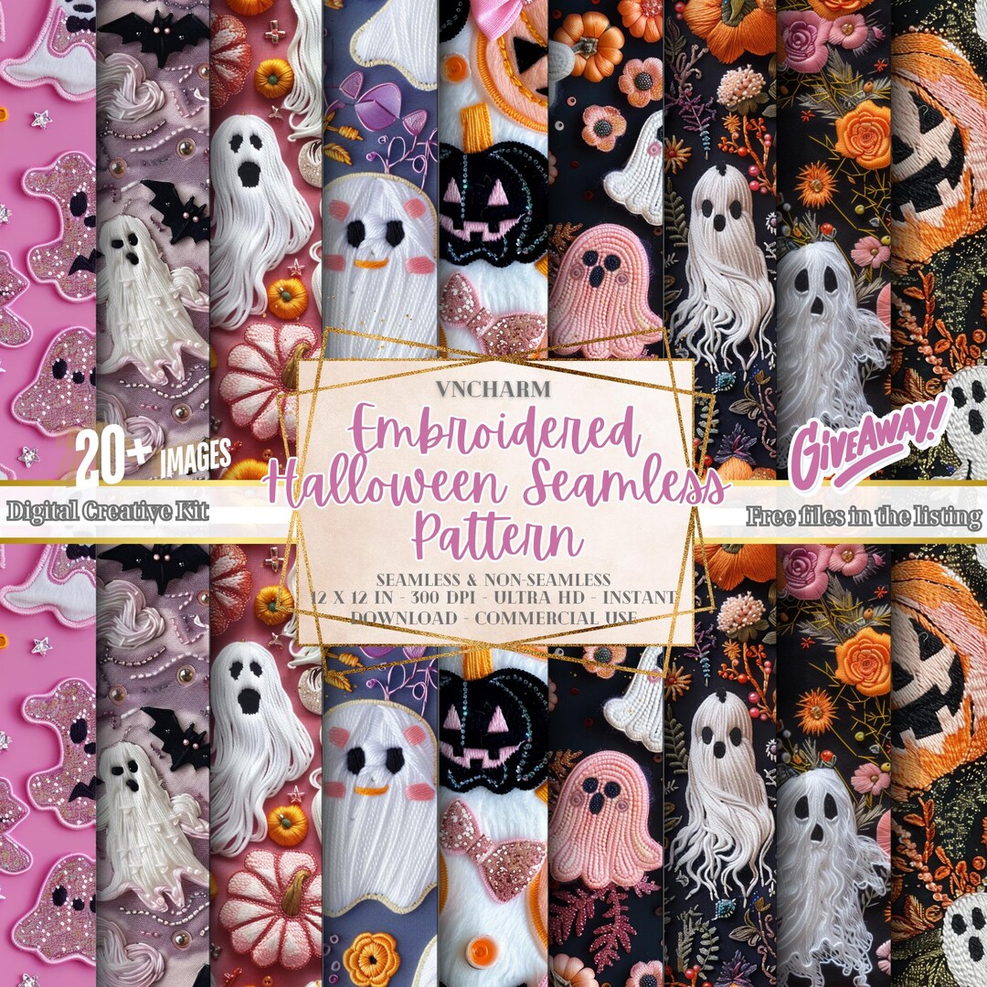Embroidered Halloween Seamless Digital Paper Print, Cute Halloween ...