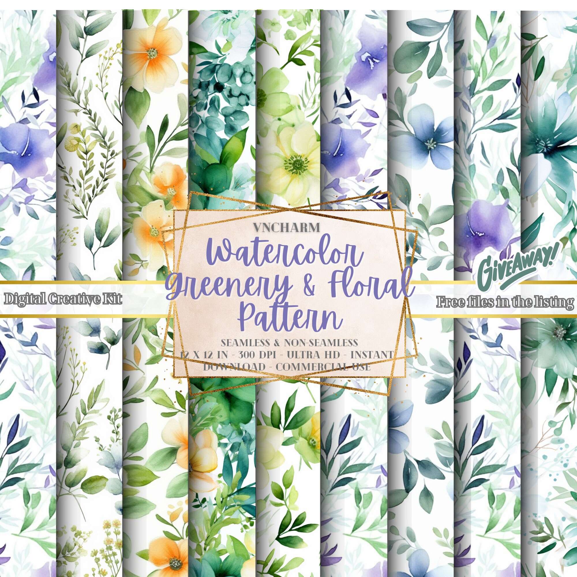 230 Watercolor Greenery Floral Patterns: Eucalyptus, Flowers & Leaves ...