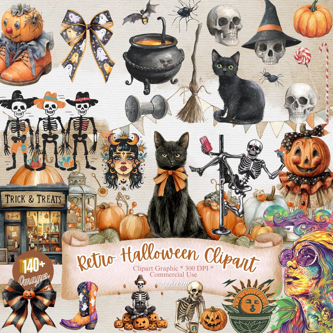 Retro Halloween Clipart Bundle: 140+ Retro Halloween PNG, Halloween PNG ...