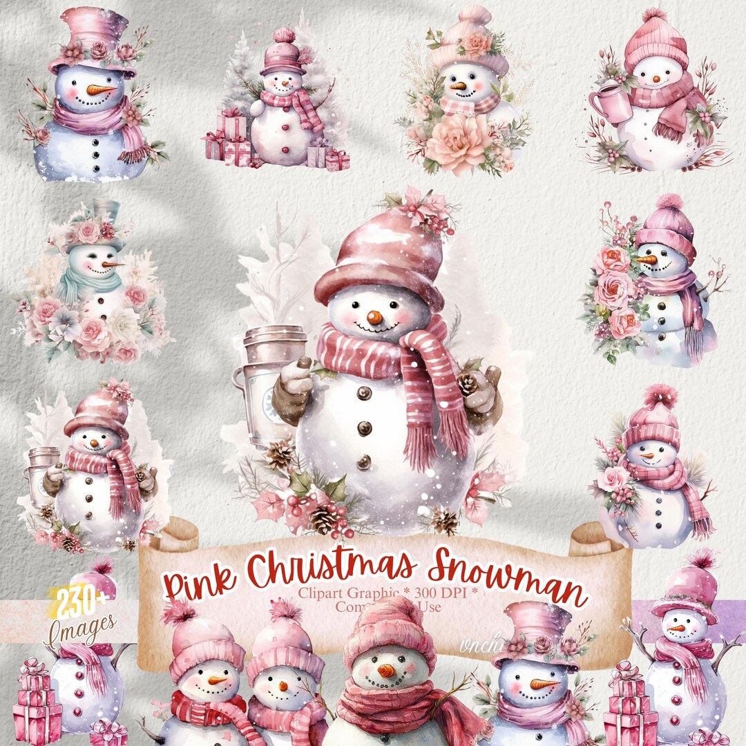 230+ Watercolor Pink Snowman Collection Clipart, PNG Festive Snowman ...
