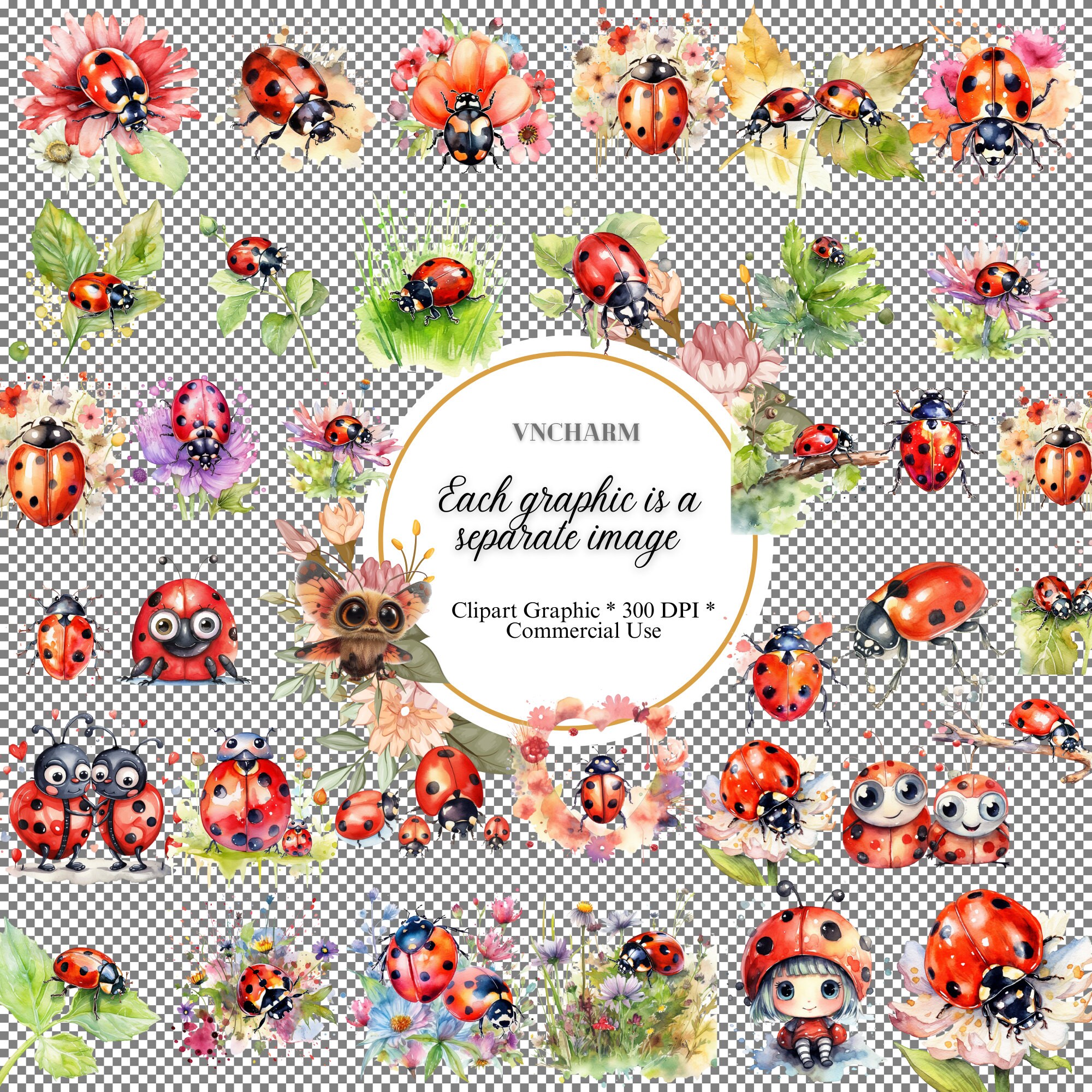 230 Watercolor Ladybug Clipart Cute Spring Bug PNG, Insect, Instant ...