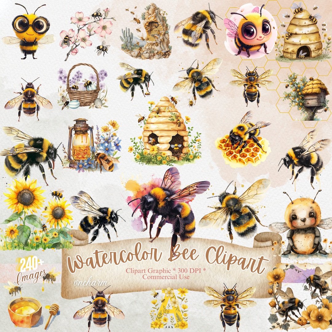 250 Watercolor Bee Clipart, Bee Clip Art, Cute Bee Clipart, Honey ...